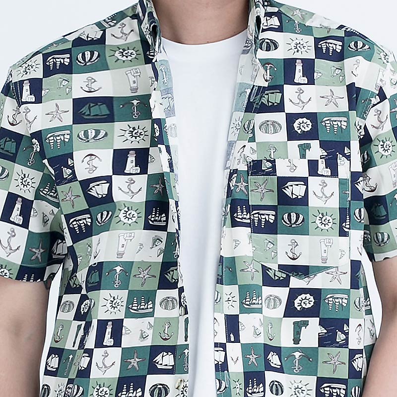 Mr.535 เสื้อเชิ้ตผู้ชายแขนสั้น ลาย Anchor Sailor สีเขียว | Mr. Maker